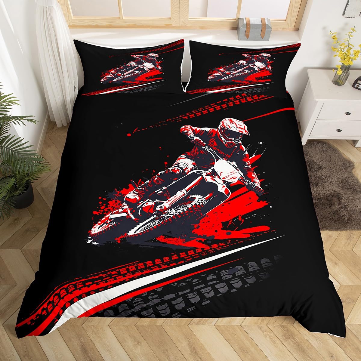 Motorcycle Bedding Duvet Cover Set Full Size Dirt Bike Bedding Set for Boys Decor Extreme Sports Comforter Cover Set Microfiber Red Black Bedspread Cover Motorbike Bedroom Bedclothes