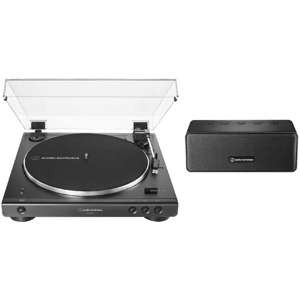 Audio-Technica AT-LP60XSPBT Automatic Wireless Turntable and Speaker System, Black Bundle with Deco Gear 12" Turntable Platter Mat, Vinyl Record Cleaning Fluid System with Brush and Microfiber Cloth