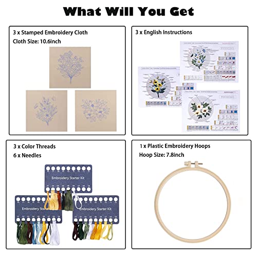 GLTAYLMY 3 Pack Embroidery Starters Kit with Pattern for Beginners,Cross Stitch Kits with 1 Plastic Embroidery Hoops,Needles and Color Threads,Needlepoint Kit for Adults