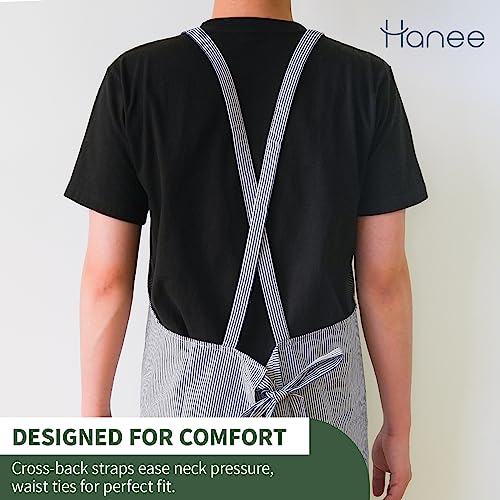 HANEE Cross-Back Apron for Men and Women, Cotton Canvas Apron with Stripes (3 Colors) (Navy Blue)