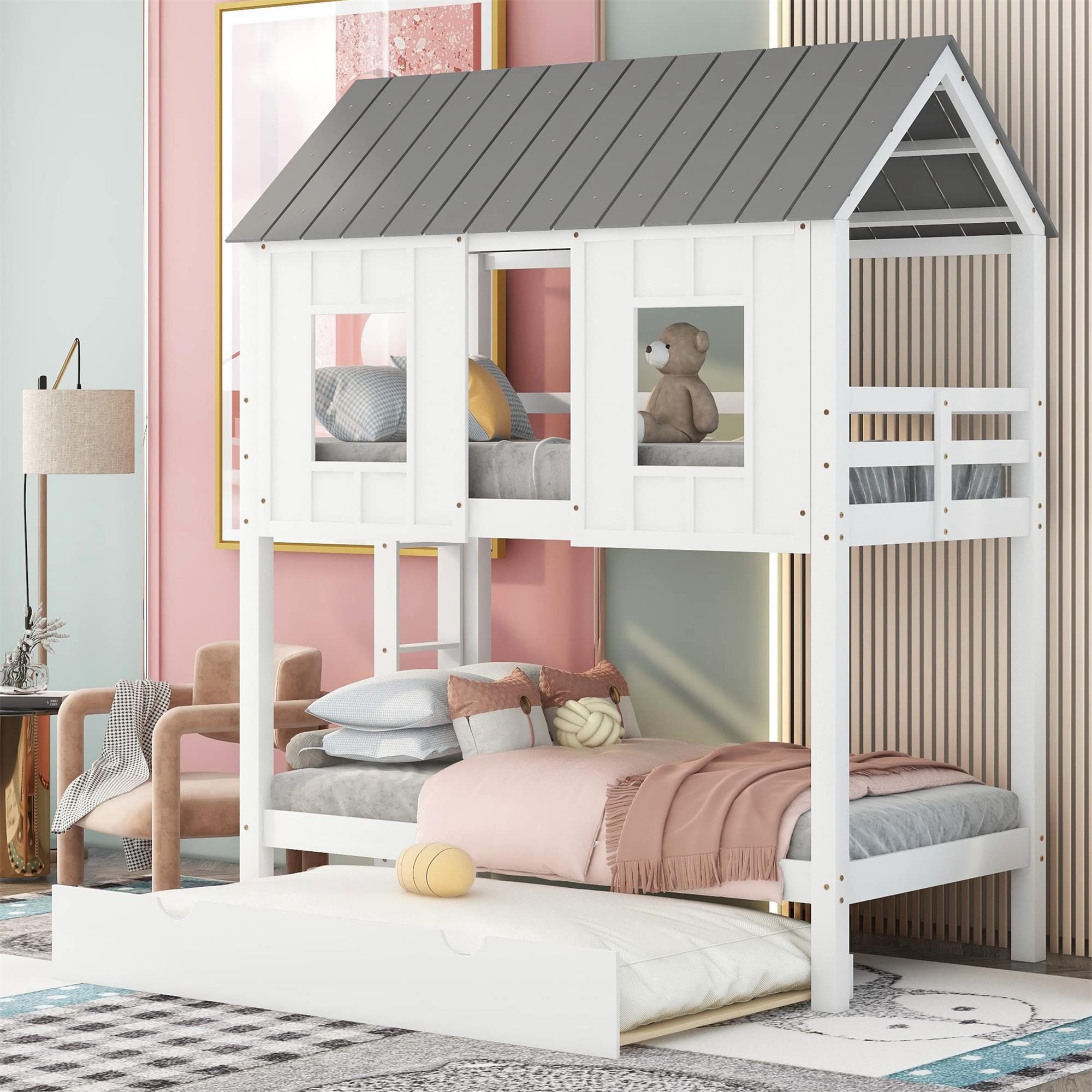 House Bunk Beds Twin Over Twin with Trundle,Kids Bunk Beds with Roof and Windows, Wood Twin Bunk Beds for Girls, Boys,White