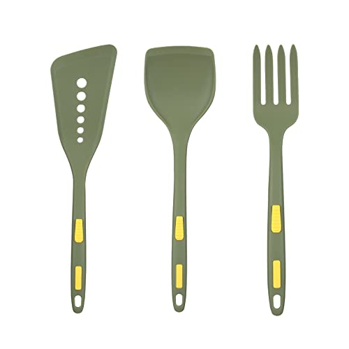 KONOLL Silicone Spatula Set for Nonstick Cookware, Cooking Fork to Stir Mix Mash, Kitchen Utensils Set - 460°F Heat Resistant, 3pcs Green Flexible Kitchen Slotted Spatula, Dishwasher Safe