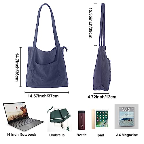 Corduroy Tote Bag for Women Girl with Front Pocket and Zipper Shoulder Handbags Simple Canvas Purse, Grey