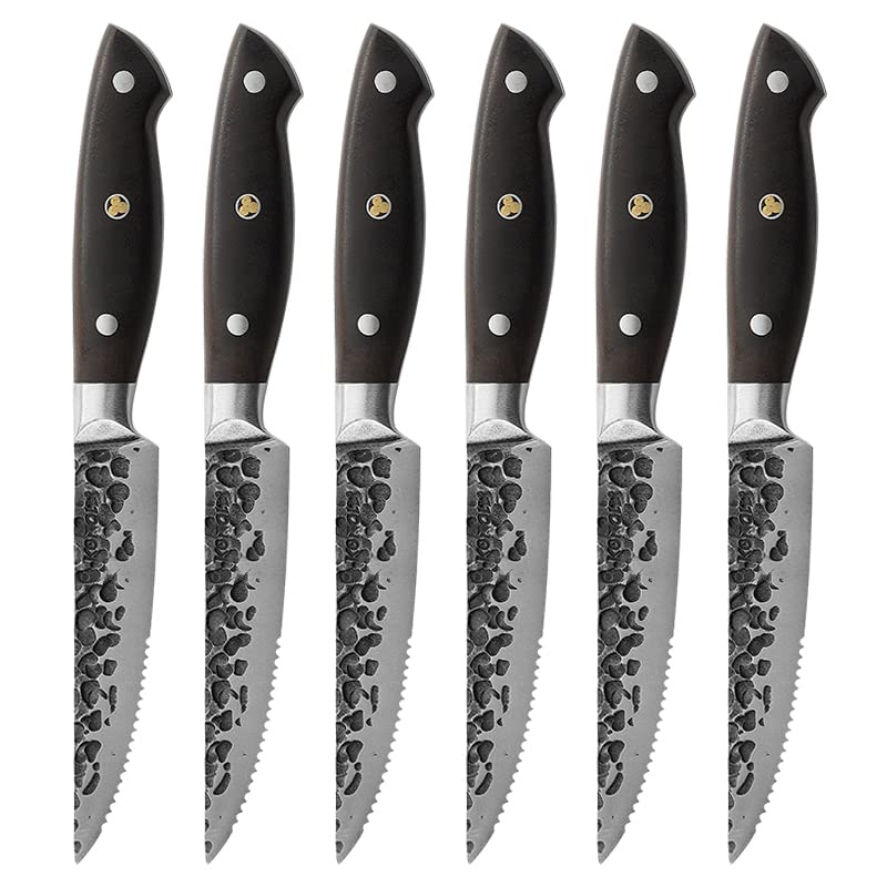 KONOLL Steak Knives Set of 6 Steaks Knife Serrated Blade Forged Handmade German High Carbon Steel with Full Tang Wood Handle