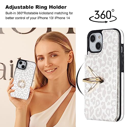 HAOPINSH for iPhone 13/ iPhone 14 Wallet Case with Card Holder, 360°Rotation Ring Kickstand, White Leopard Cheetah Pattern, RFID Blocking Leather for Girls Women, Double Buttons Flip Protective 6.1"