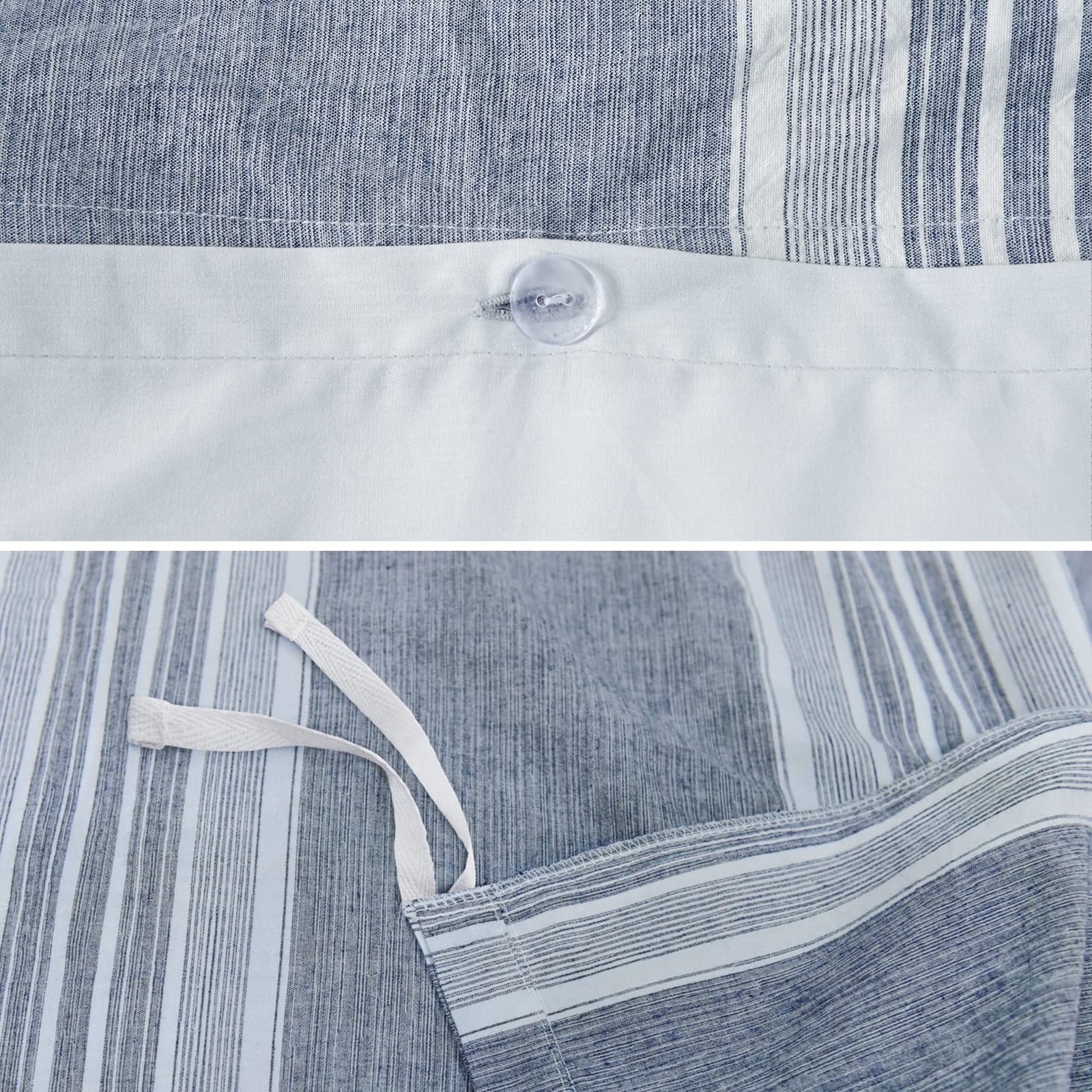 David's Home 100% Washed Cotton Duvet Cover Set Queen Size, Chambray Stripe Duvet Cover with Pillow Shams, 3pcs Ultra Soft and Breathable Comforter Cover Set, 90x 90 Inches, Blue Beige