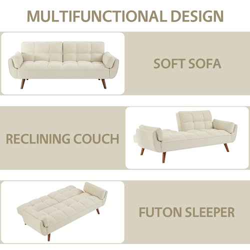 Fangflower Convertible Sofa Bed, Velvet Fabric Adjustable Backrest Sleeper Futon Loveseat with Tapered Wood Legs for Living Room, Bedroom, Apartment Lounge, Garage
