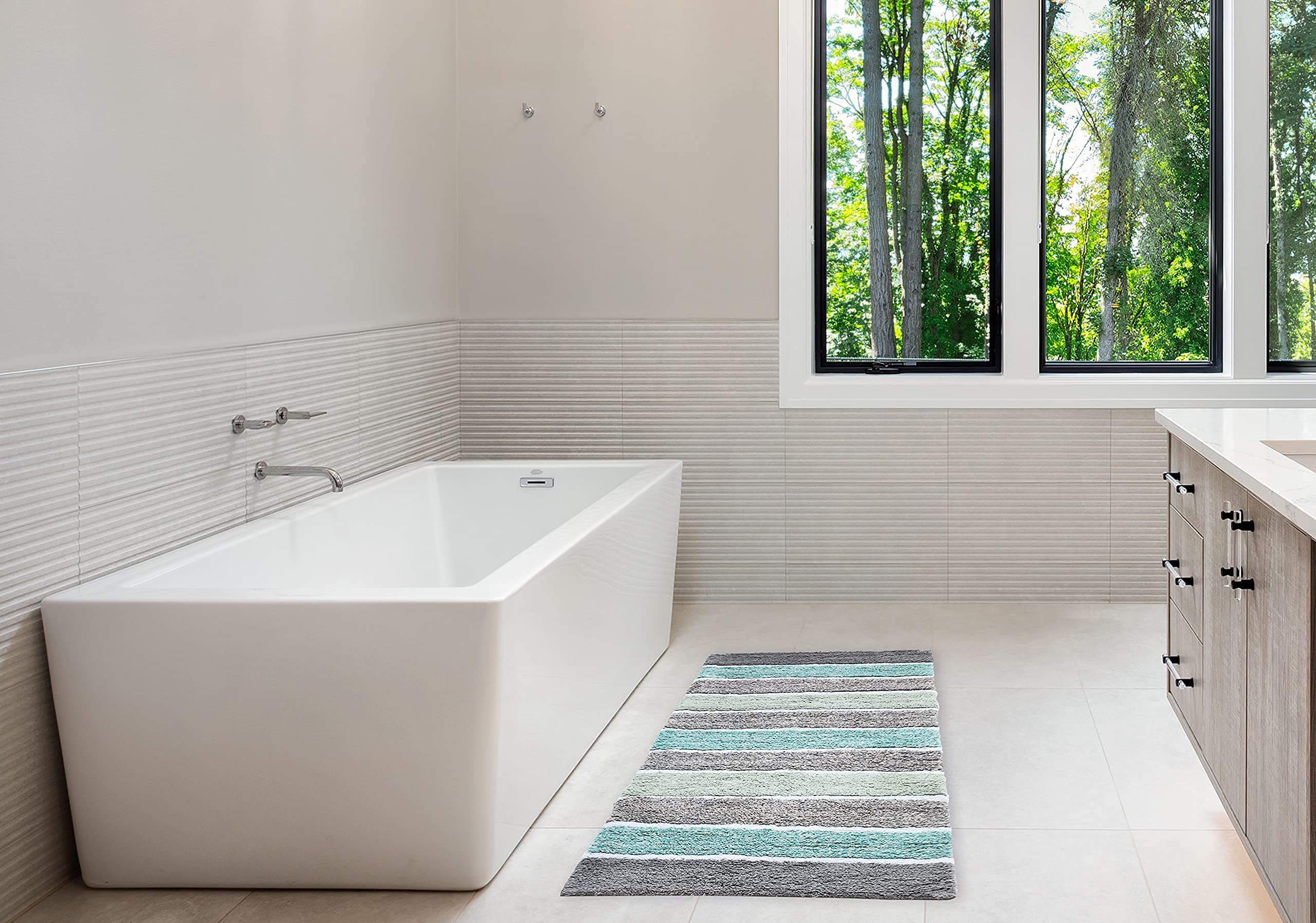 Chardin home Cordural Stripe Bath Rug Runner with Skid Resistant Latex Spray Underneath. Mint Green/Grey, 24" W x 60'' L