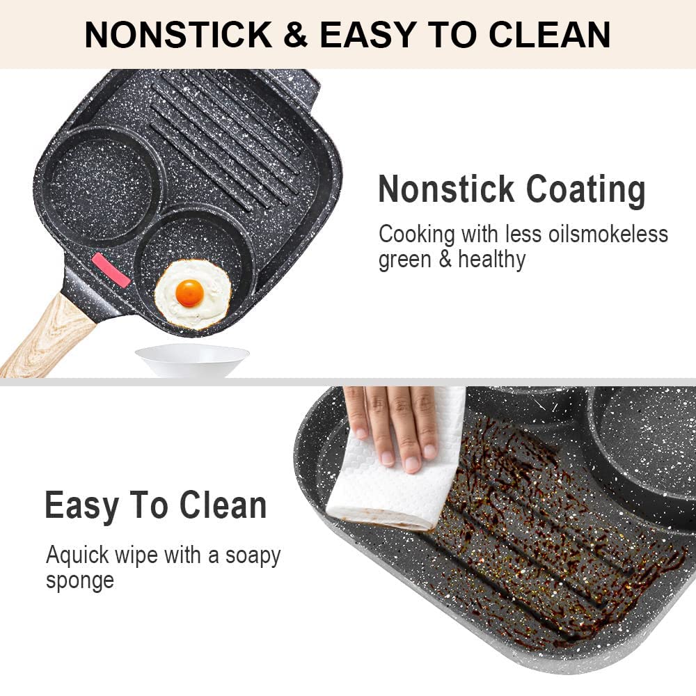 Bobikuke Egg Pan, Egg Frying Pan, Fried Egg Pan with Lid Nonstick 3 Section Pancake Pan Divided Pan for Breakfast,Gas & Induction Compatible, 8.3 Inch