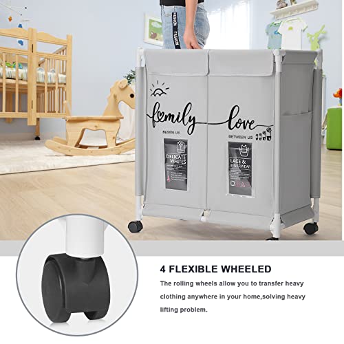 Laundry Sorter Cart with Lid, 110L 2 sections Oxford Cloth Laundry Hamper on Wheels, Laundry Basket for Family Dorm Room Clothing Throws Toys (22.6*13.6*26.6IN)