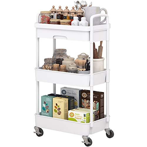 Dttwacoyh 3-Tier Rolling Cart,Trolley with Drawer, Multifunctional Storage Organizer with Plastic Shelf & Metal Wheels, Kitchen Storage Cart for Living Room, Kitchen, Office, Bathroom, White