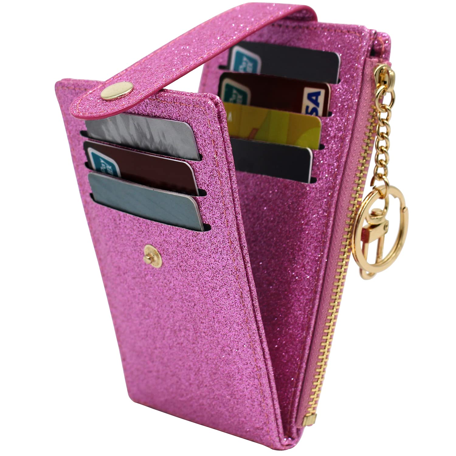 FFpaw Glitter Credit Card Wallet for Women Shiny Small Coin Purse RFID Blocking Card Holder with Key Ring (Shiny Rose)