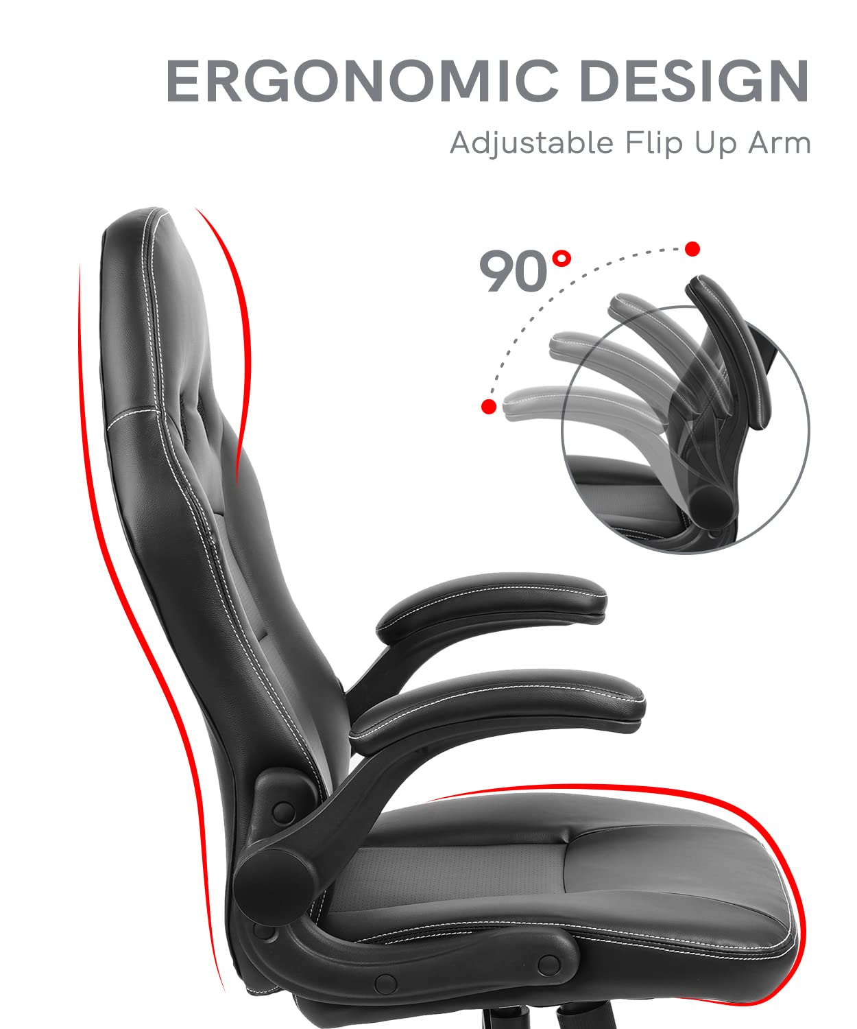 KLASIKA Computer Office Gaming Chair, Ergonomic Swivel Video Game Chairs with Flip Up Armrest Adjustable High Back Leather Desk Chair for Adults Women Men, Black