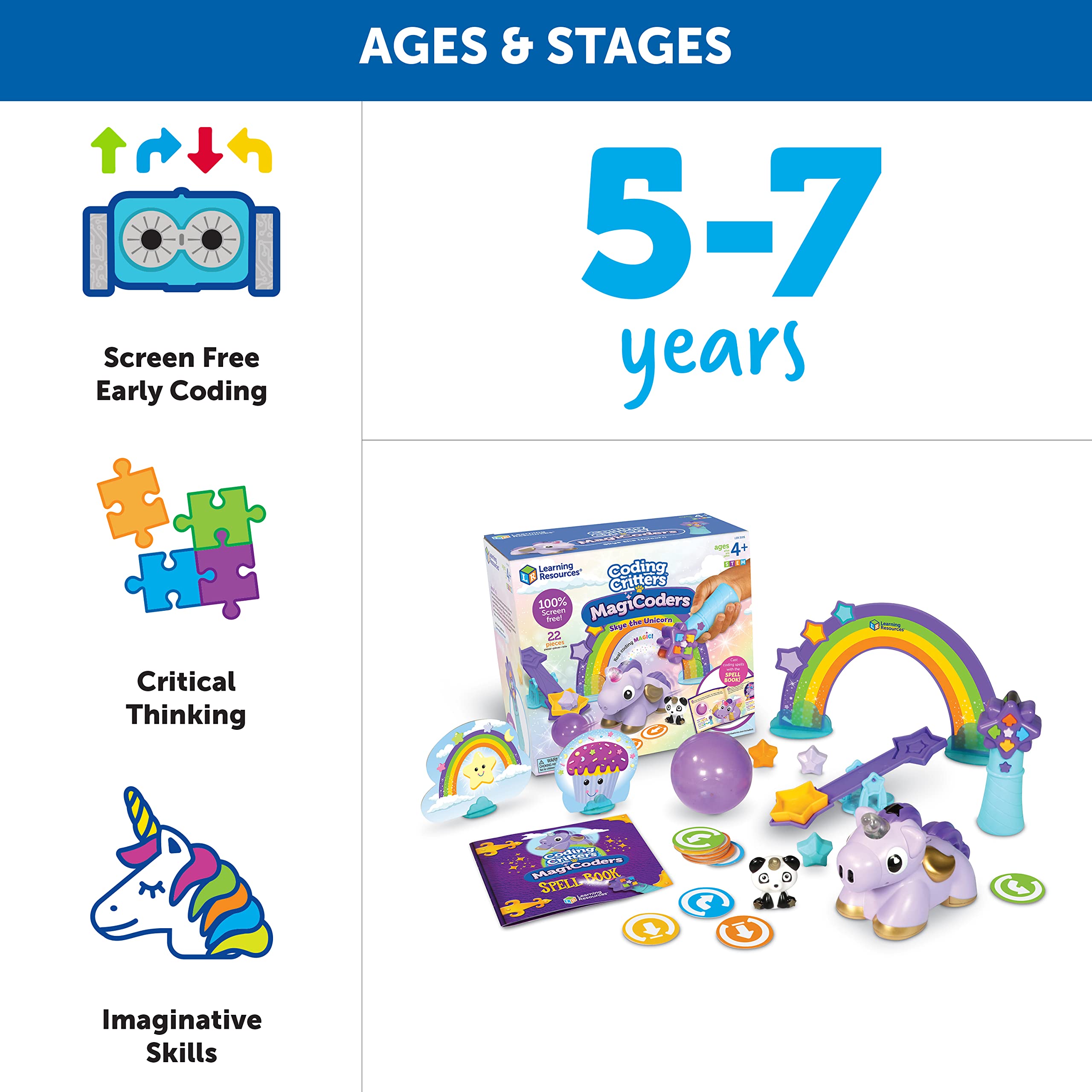 Learning Resources Coding Critters MagiCoders: Skye the Unicorn, Screen-Free Early Coding Toy For Kids, Interactive STEM Coding Pet, 22 Pieces, Ages 4+