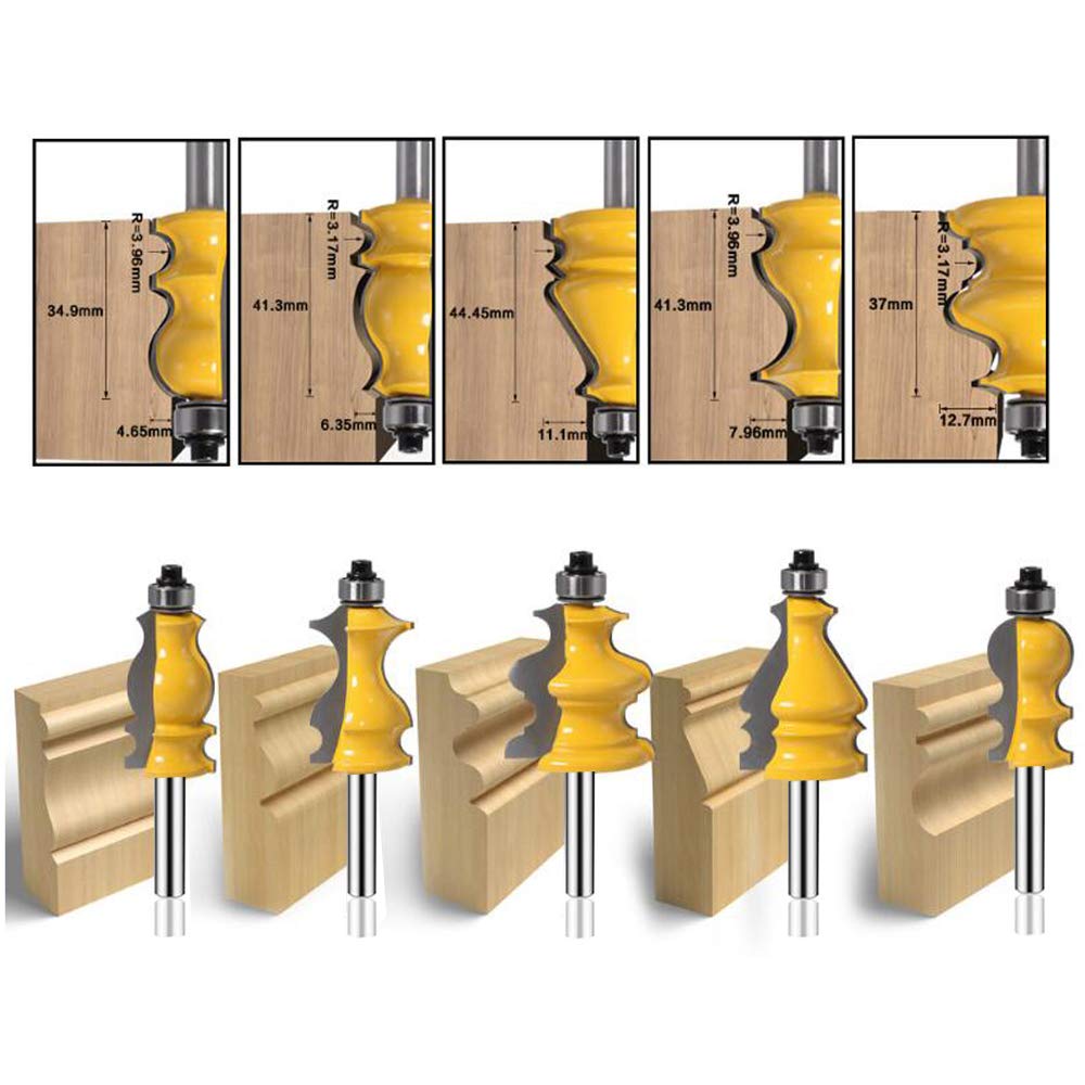 LEATBUY Architectural Molding Router Bit Set 1/4-Inch Shank 5 PCS, Corner Rounding Edge-Forming Woodworking Beading Router Bits Sets Tool Wood Table Door Cabinet Cutter(1/4-Line)