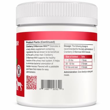 Cranberry D Mannose MAX- Dog Urinary Tract (UT) Health, Bladder and Kidney Support Supplement - UTI Bladder Control for Dogs-Granules (90 Doses)