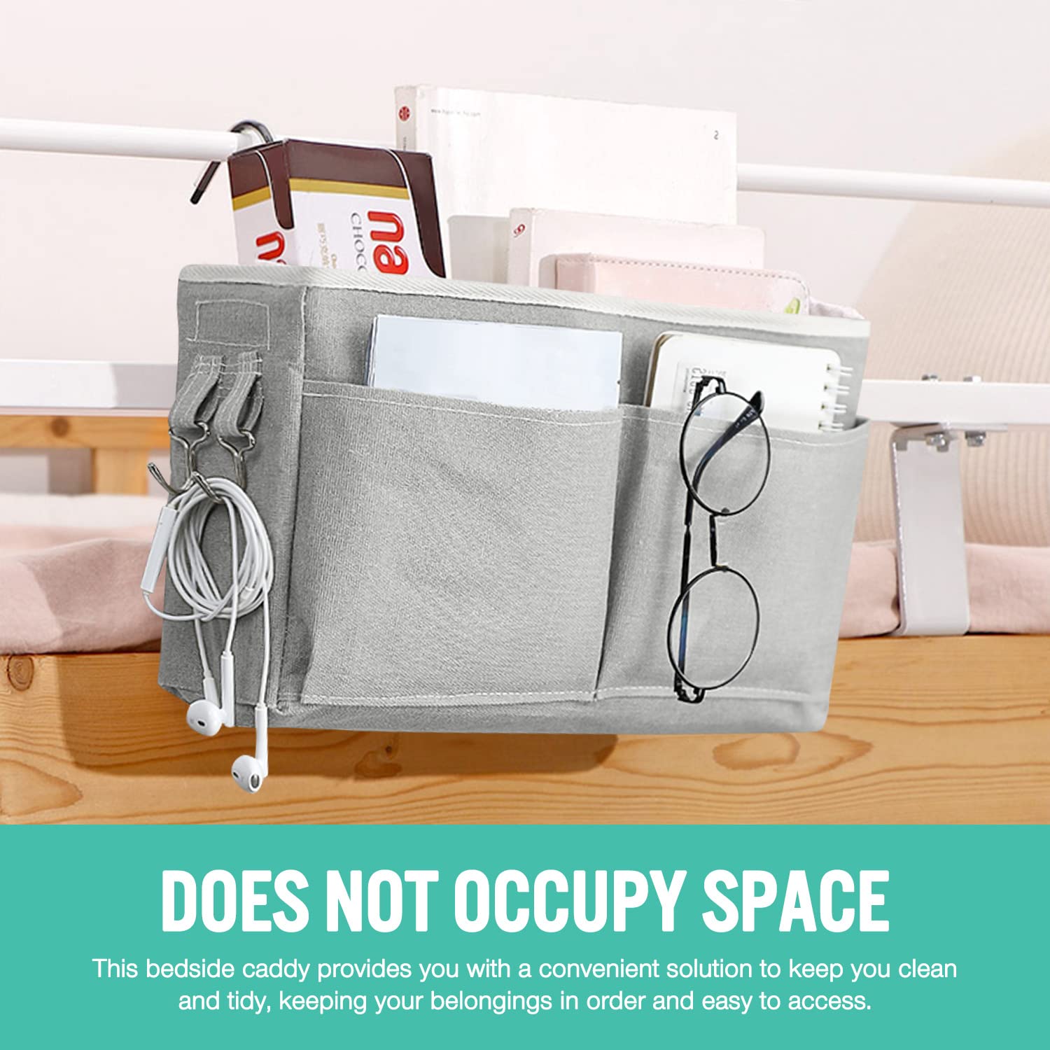Ndeno Bedside Caddy Storage Bag Hanging Pocket Organizer for Bunk and Hospital Beds Crib,Dorm Rooms Bed Rails for Remotes Mobile Phone Keys, Glasses, Books (Dark Grey)