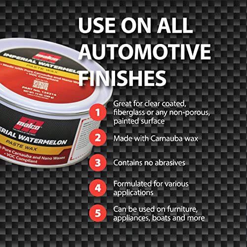 Malco VOC Compliant Imperial Paste Wax, Watermelon Scent β Creates High Gloss Finish/Provides Durable Protection/Premium Wax for Use on Fiberglass, Gel Coat and Painted Finishes / 14 Oz. (125214)