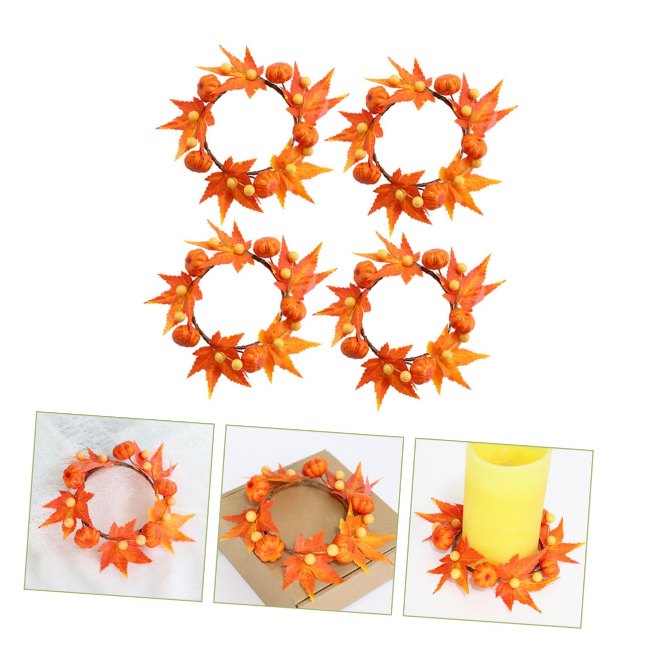 FONDOTIN 4pcs Maple Leaf Candle Ring Candle Garland Halloween Candles Fall Candle Rings for Pillars Thanksgiving Table Decor Thanksgiving Garland for Table Wreath Silk Maple Leaf Christmas