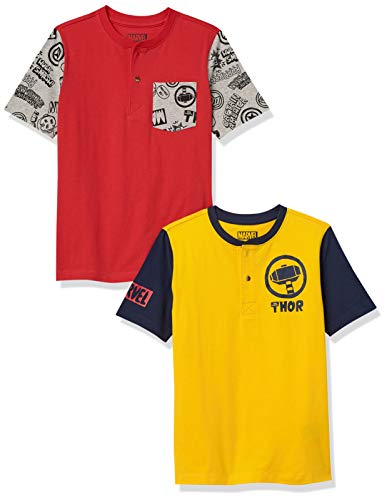 Amazon Essentials Disney | Marvel | Star Wars Toddler Boys' Short-Sleeve Henley T-Shirts (Previously Spotted Zebra), Pack of 2, Marvel/Doodles, 2T