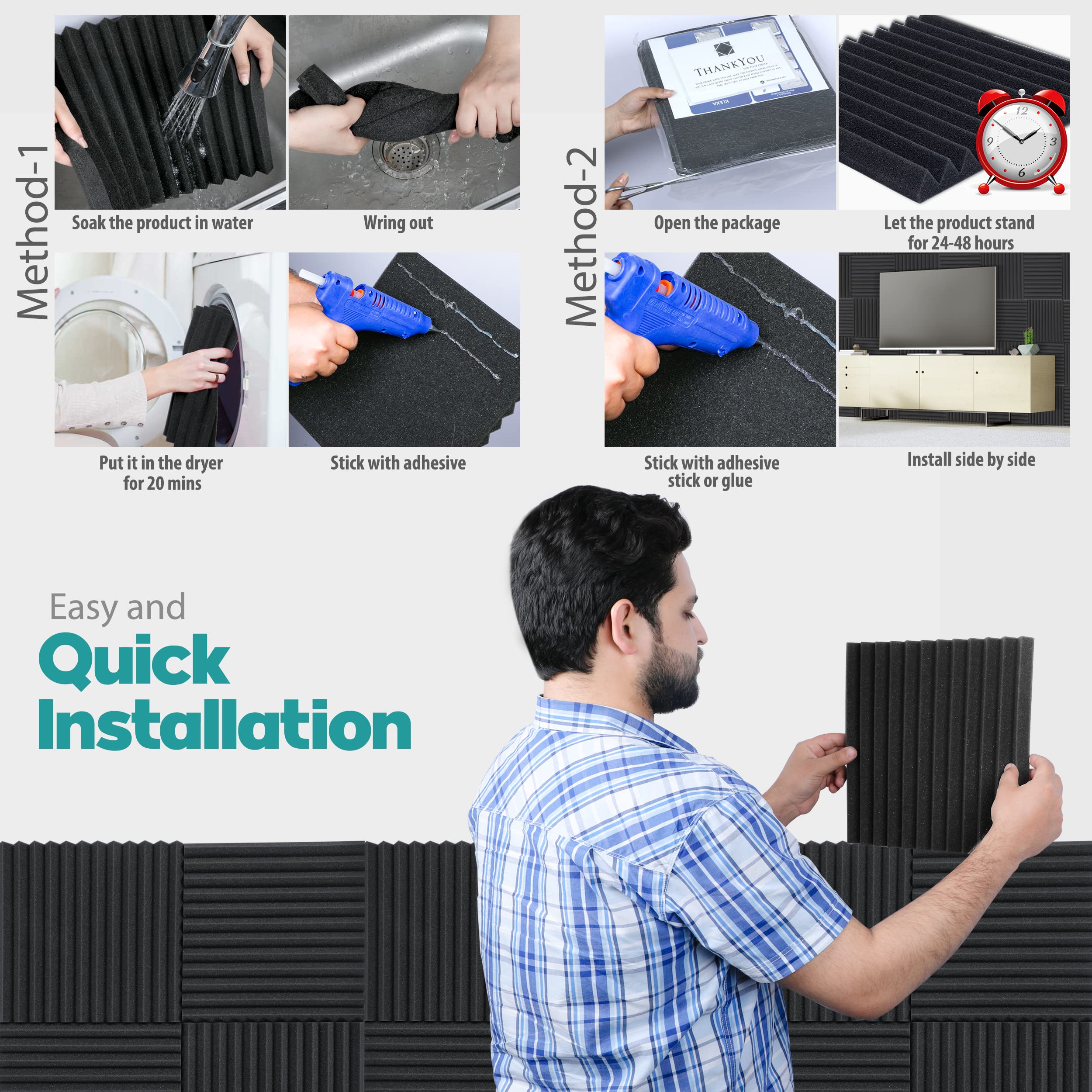 KLEXA Premium Sound Proof Foam Panels - 12 Pack (12x12x1") - Dense Sound Proofing Acoustic Panels - Sound Absorbing Panel - Noise Reduction, Echo Absorption - Studio Quality Acoustic Treatment