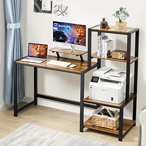 GreenForest Computer Desk 59 inch with Storage Printer Shelf Reversible Home Office Desk with Movable Monitor Stand and 2 Headphone Hooks for Study Writing PC Gaming Working, Walnut