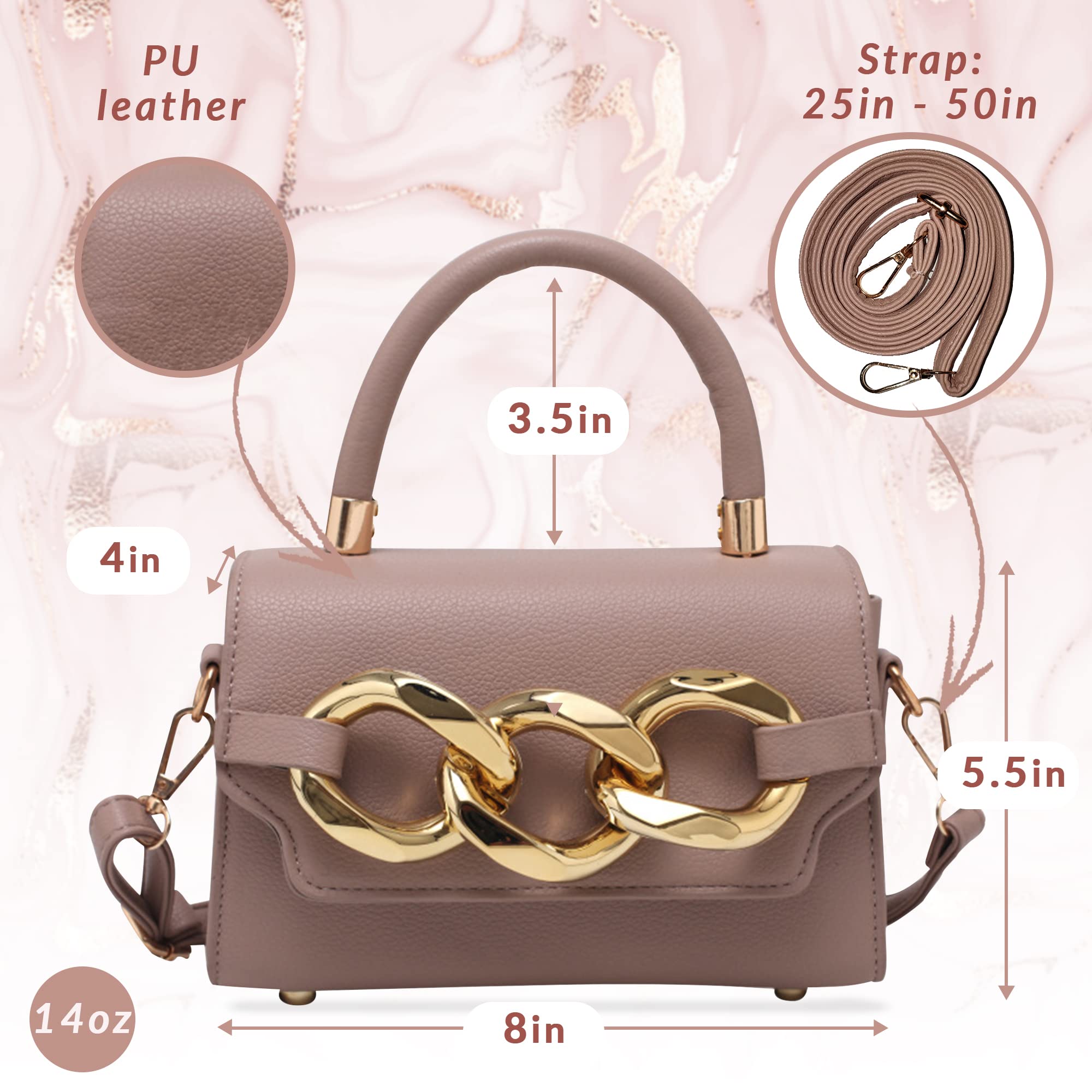 Mila Moya Luxury Leather Top-Handle Bag | 8x3x9 inch | Women Purse with Gold Color Chain (Pink)