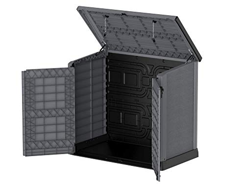 Duramax Cedargrain StoreAway 1200L Plastic Garden Storage Shed/Flat Lid - Outdoor Storage Bike Shed – Durable & Strong Construction– Ideal for Tools, Bikes, BBQs & 2X 240L Bins, 145x85x125 cm, Grey