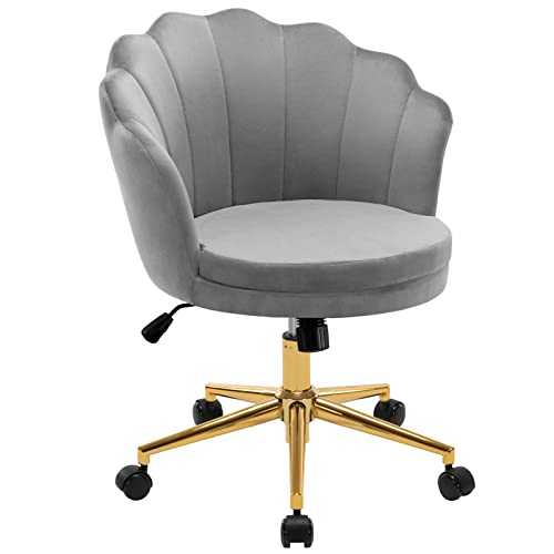 Furnimart Home Office Chair with Wheels Upholstered Comfy Velvet Desk Chair Stool, Adjustable Swivel Modern Seashell Back Vanity Chair for Living Room, Bedroom, Office (Grey)