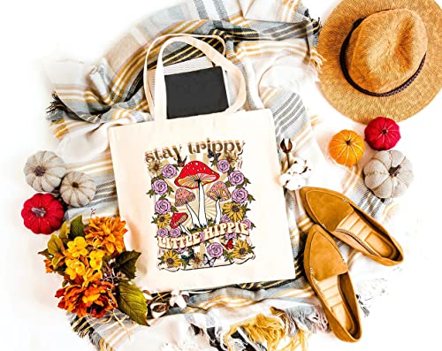 GXVUIS Stay Trippy Little Hippie Canvas Tote Bag for Women Aesthetic Flowers Mushrooms Boho Reusable Grocery Shoulder Bags White
