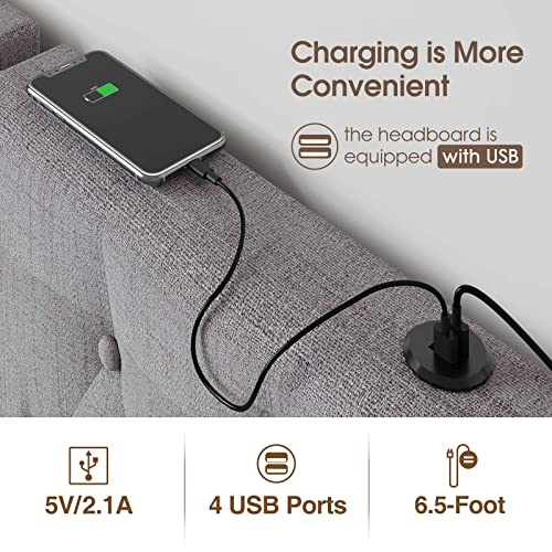 GREENSTELL Wall Mount Headboard with USB for King Size Bed, Linen Fabric Headboard Only, Industrial Pipe Modern Style, Gray Hanging Head Boards, Durable, Comfortable, Button Upholstered for Bedroom