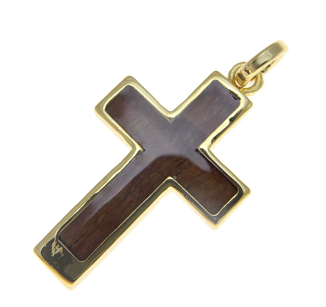 Arthur's Jewelry Koa Wood Hawaiian Cross Yellow Gold Plated Brass Pendant Charm