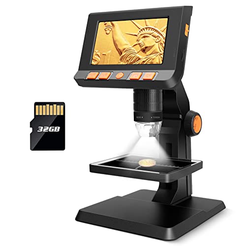 Digital Coin Microscope 4.3 inch Screen Handheld Microscope 1080p LCD Digital Microscope Video Camera 1000X Coin Magnifier with 8 Adjustable LED Lights for PCB Soldering for Adults/Kids Outside Use.