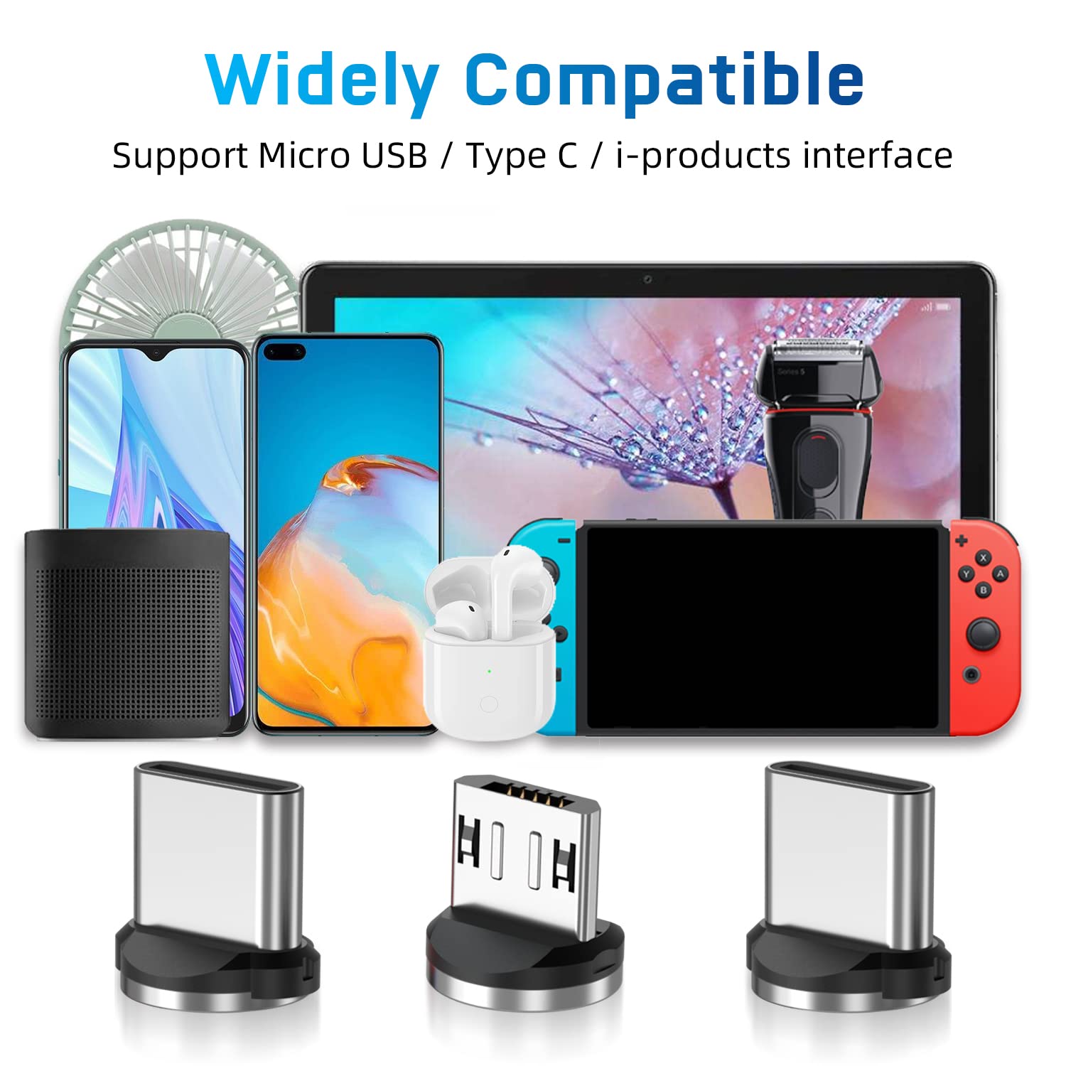 Bojianxin Magnetic Charging Cable(7-Pack, 1.6ft/3.3ft/3.3ft/6.6ft/6.6ft/10ft/10ft) 540° Rotation Magnetic USB Cable, 3 in 1 Magnetic Phone Charger with LED Light Compatible with Micro USB, Type C
