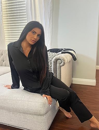 Ekouaer Black Silk Pajamas for Womens Satin Soft Sleepwear Long Sleeve Button loungewear Pj Set with Pockets Black Large