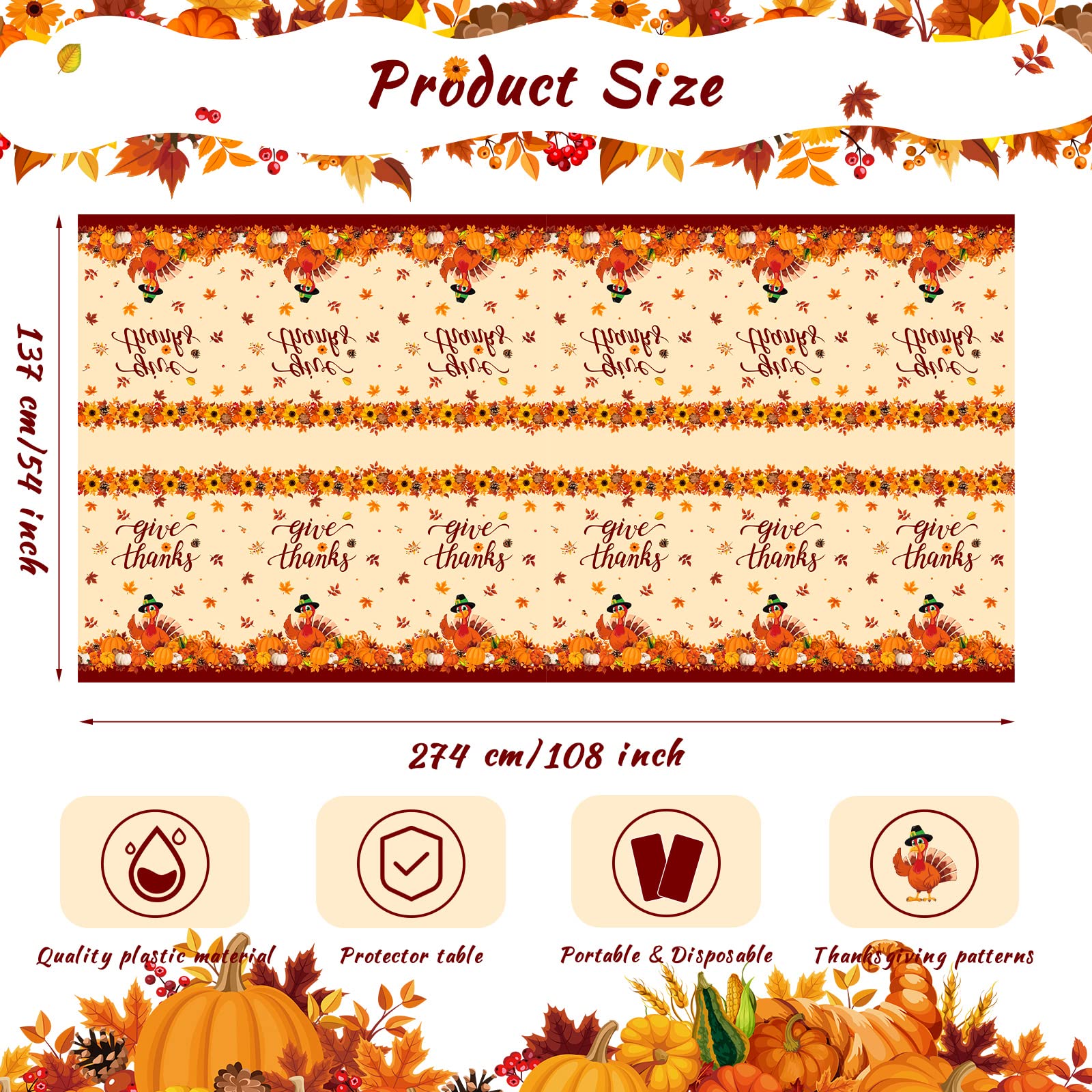 Piklodo 6Pcs Thanksgiving Tablecloth Plastic Fall Table Cover Turkey Disposable Give Thanks Table Cloth Harvest Rectangle Tablecover for Thanksgiving Harvest Party Picnic Table Decor, 54 x 108 Inch