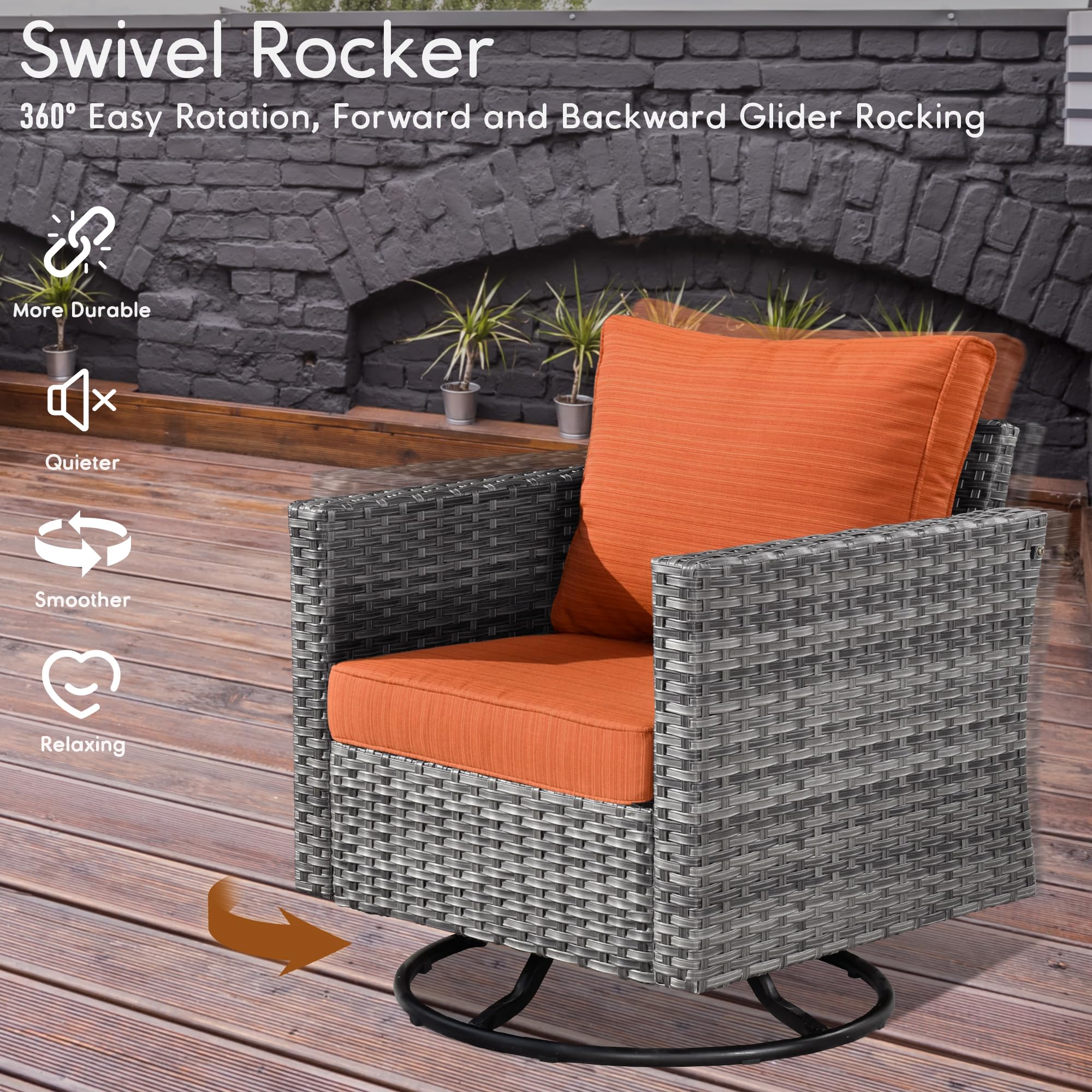 HOOOWOOO Outdoor Patio Furniture Sets 7 Pieces Patio Conversation Sets Weather Resistant Wicker Sofa Seating Set with 42" Fire Pit Swivel Rocking Chairs for 5 Persons Outside,Orange Red