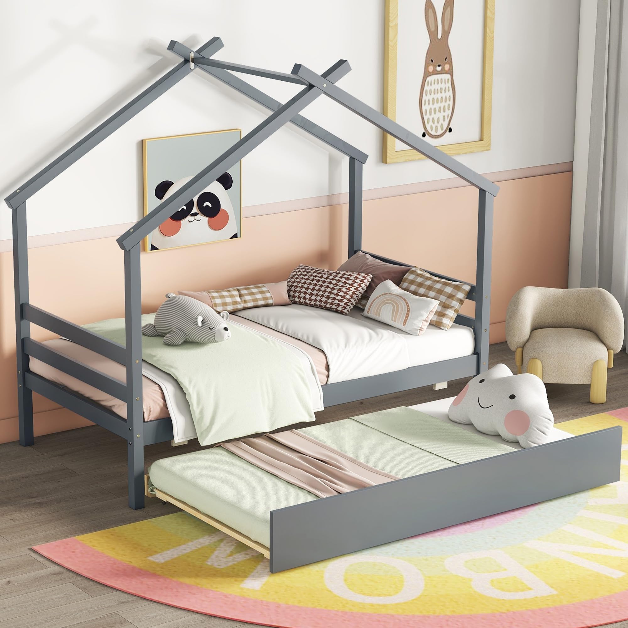 Twin Size House Bed for Kids, Adorable House Bed Frame with Trundle, Twin Playhouse Platform Bed for Boys,Girls(Twin,White)