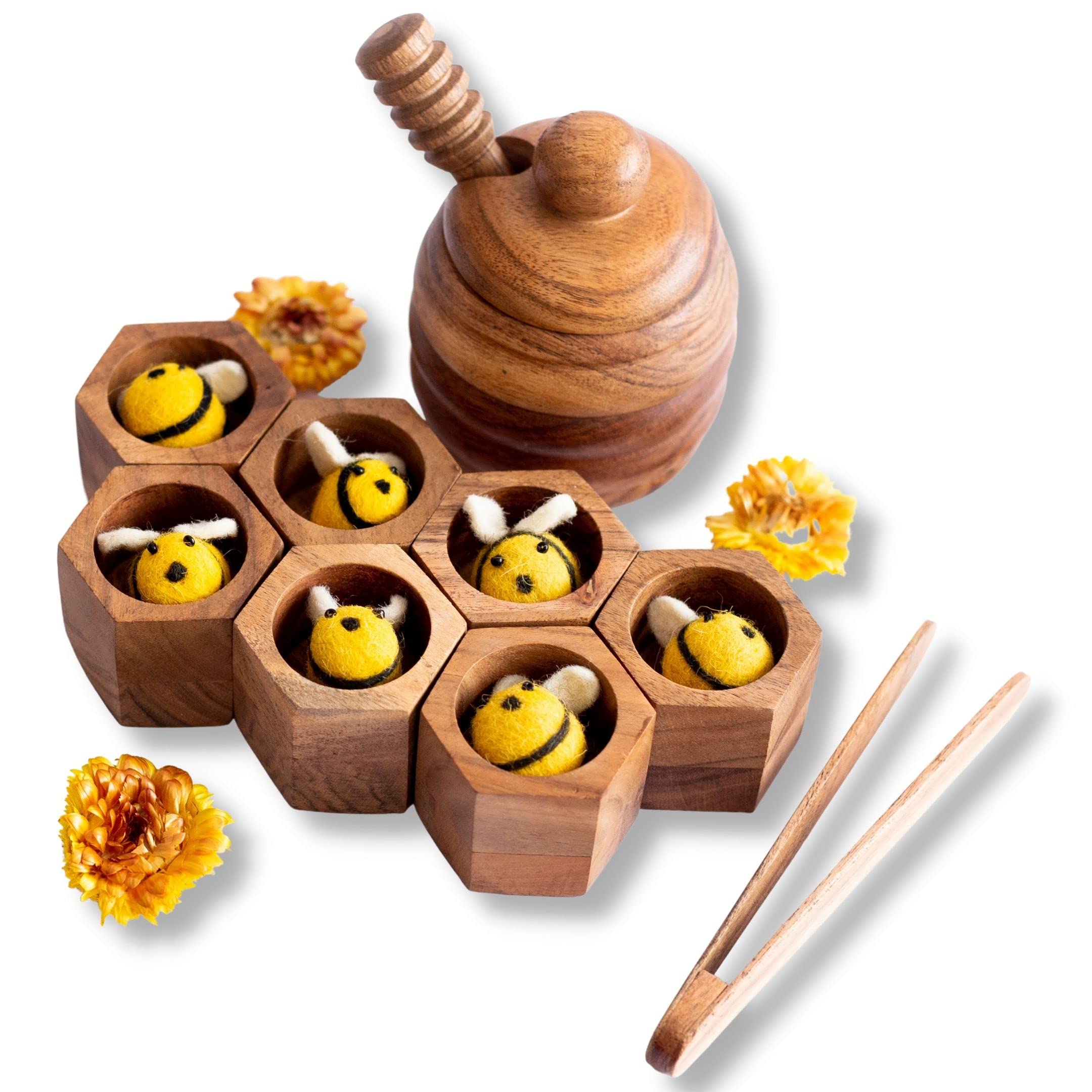 KOOKAROO Wooden Bee Hive Sorting & Stacking Toys for Toddlers -Learning Montessori Toys for 3 Year Old - Fine Motor Skill Tactile Toys - Sensory Bin Toys