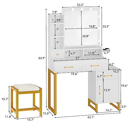 DWVO 41.2inch Makeup Vanity with Mirror and Lights, Vanity with Lights and Drawers, Vanity Mirror with Lights and Table Set, 3 Color Adjustable Lighting Brightness & Power Outlet, White