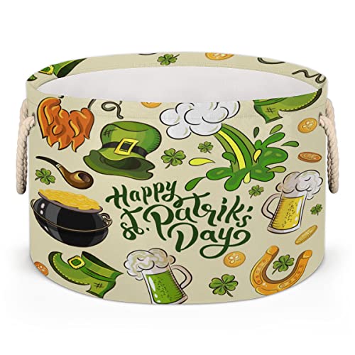 St. Patrick`s Day Icons Elements (3) Large Round Baskets for Storage Laundry Baskets with Handles Blanket Storage Basket for Bathroom Shelves Bins for Organizing Nursery Hamper Girl Boy