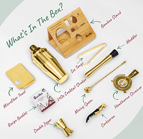 Gold Mixology Bartender Kit Cocktail Shaker Set by Barillio: Drink Mixer Set with Bar Tools, Bamboo Stand Cocktail Mixer Liquor Pourers Mojito Muddler Mixing Spoon Jigger Recipes Booklet