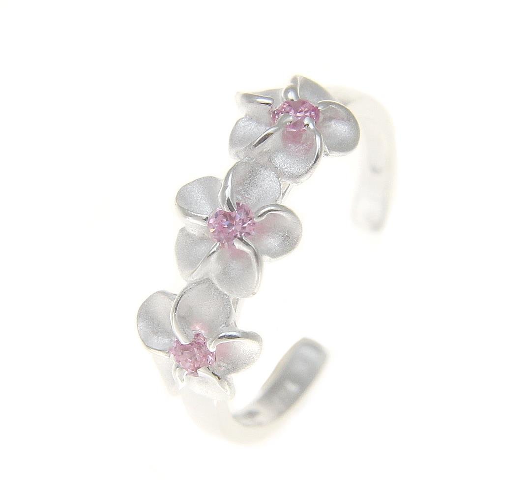 Arthur's Jewelry 925 sterling silver Hawaiian 3 triple plumeria flower pink cz open toe ring