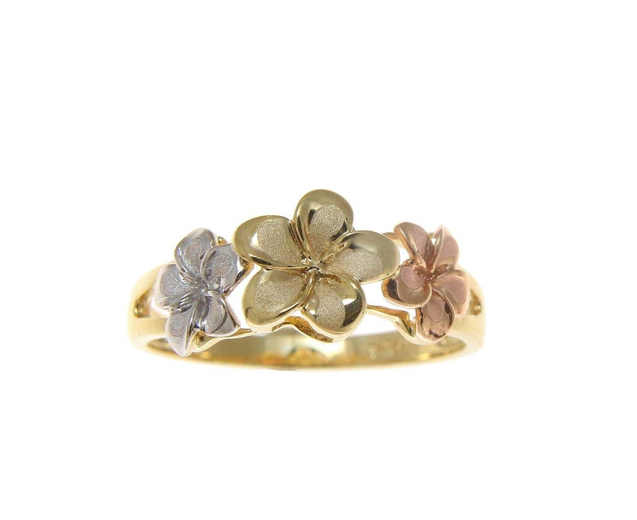 Arthur's Jewelry Solid 14k tricolor gold 6.5mm-8mm-6.5mm Hawaiian plumeria flower ring size 10