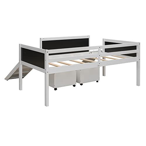 CITYLIGHT Low Loft Bed with Slide,Wood Twin Loft Bed for Kids,Loft Bed Twin with 2 Toy Boxes and Decorative Guardrail Chalkboard, Junior Loft Bed Frame for Girls Boys Toddler,White