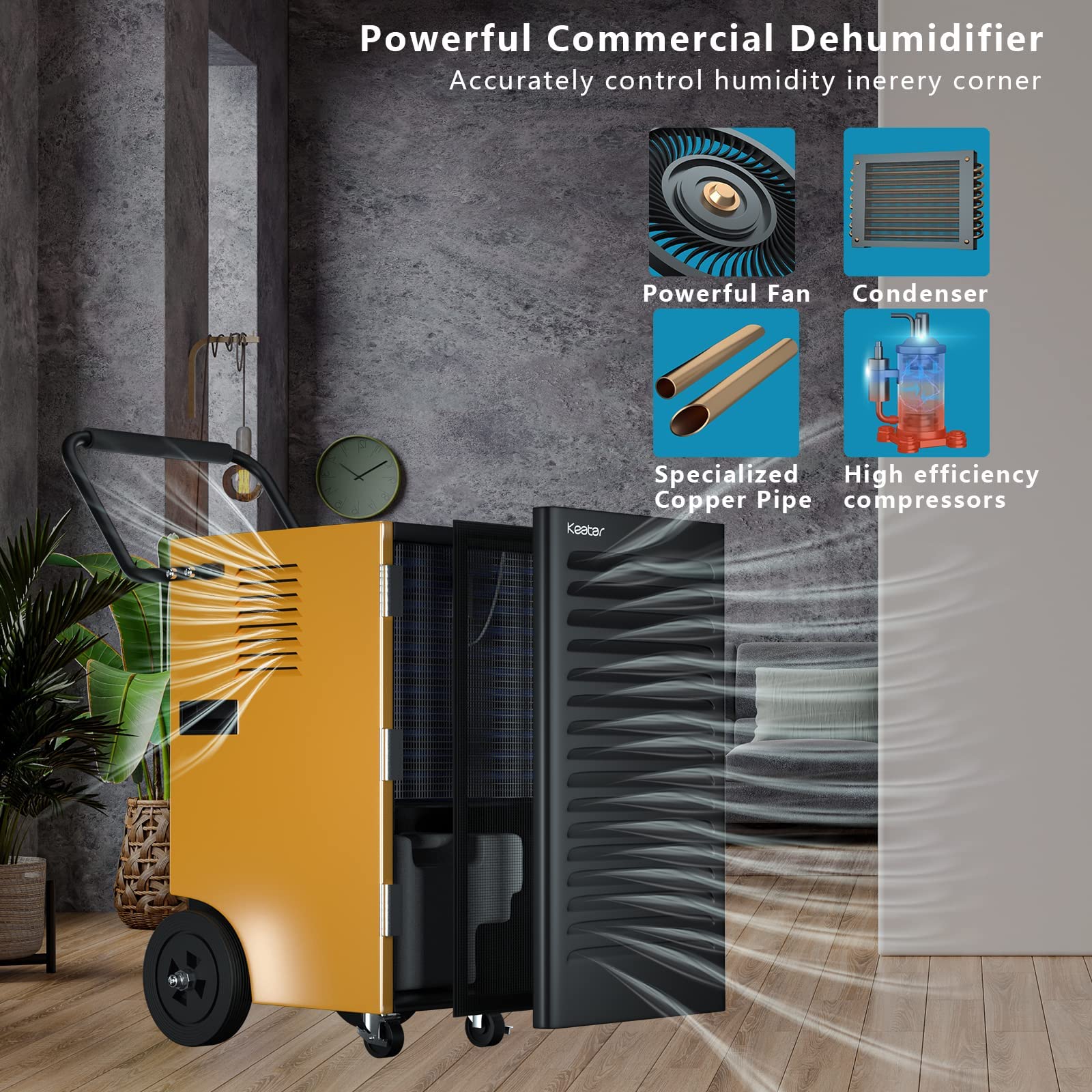 Keatar 140 Pints Commercial Dehumidifier for Large Room,Home,Basements, industrial warehouses, workshop,library or construction sites with Continuous Drain Hose and Water Reservoir
