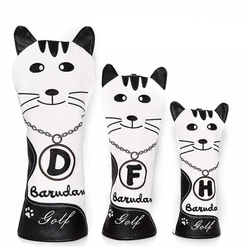 Barudan Golf Wood Headcovers Head Covers Set for 1 Driver 460cc Fairway Hybrid Rescue Utitliy with Adjustable Number tag Black and White Kitten Animal Series Leather Well Made