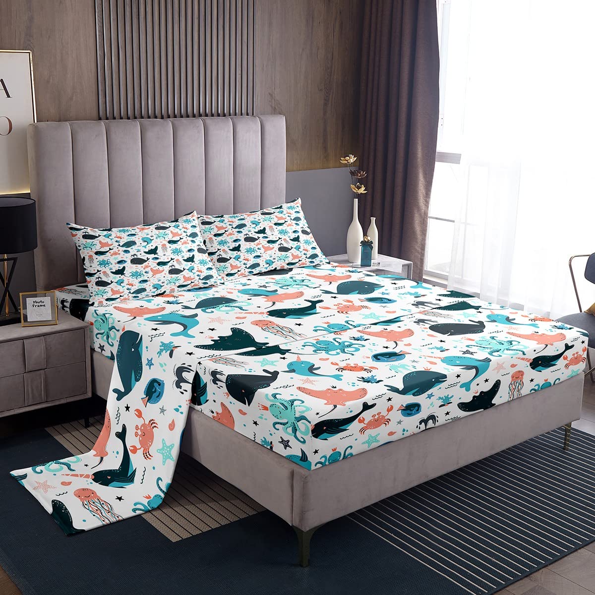 Cute Whale Bed Sheets Full Size, Kids Kawaii Cartoon Octopus Sheet Set, Jellyfish Shell Starfish Crab Fitted Sheet For Little Boys Girls, Ocean Beach Sea Animals Bedding Set With Kawaii Flat Sheet