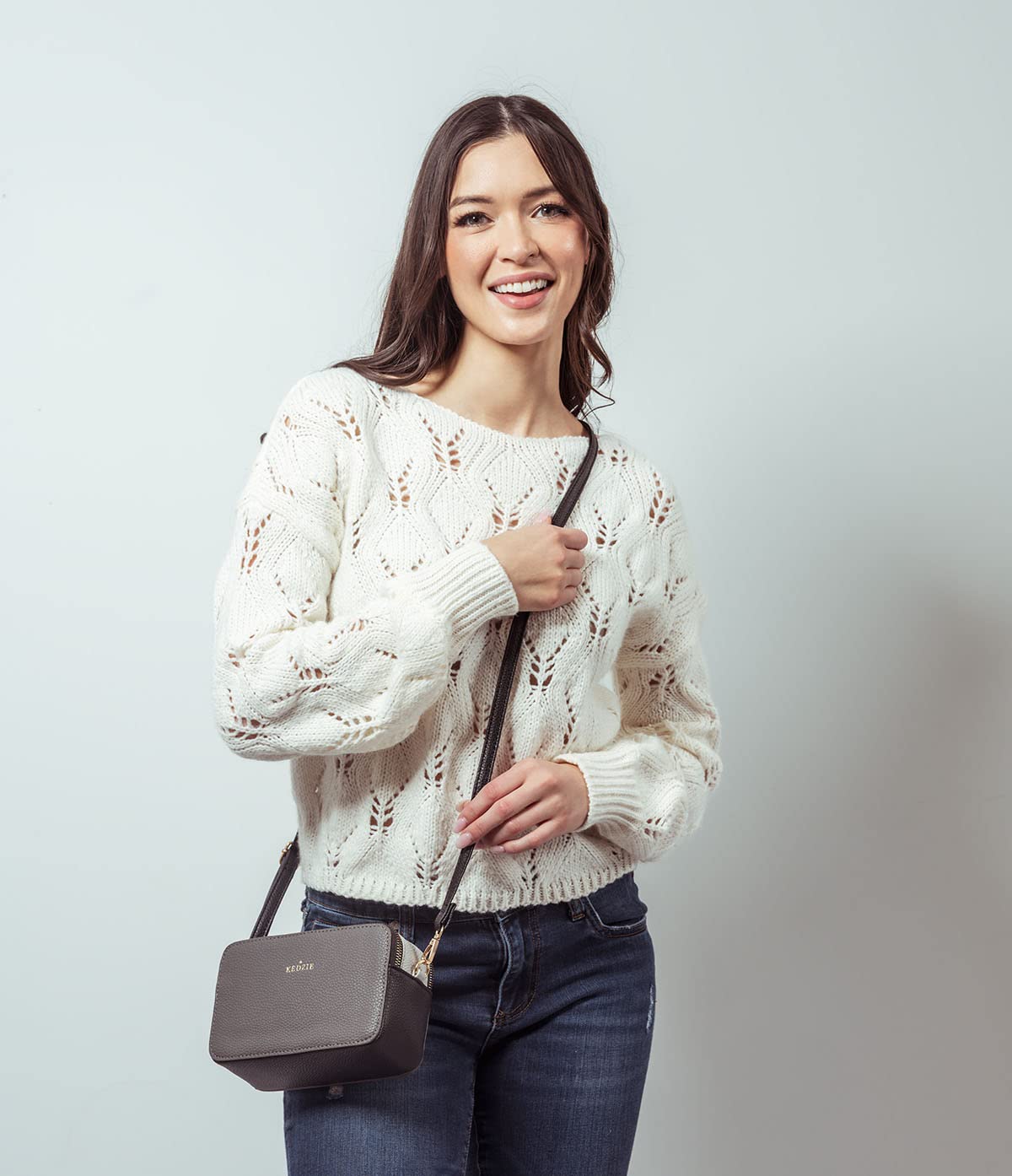 KEDZIE Color Pop Modernist Vegan Leather Crossbody Shoulder Compact Camera Shape Bag For Women With Adjustable Strap - Gray