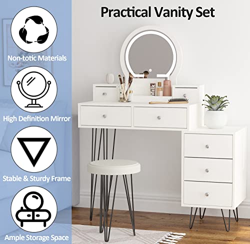 Fameill Makeup Vanity Desk with Lighted Mirror,White Vanity Table Set with Round Mirror,3 Color Touch Screen Dimming Mirror,7 Drawers Bedroom Dressing Table with Soft Cushioned Stool